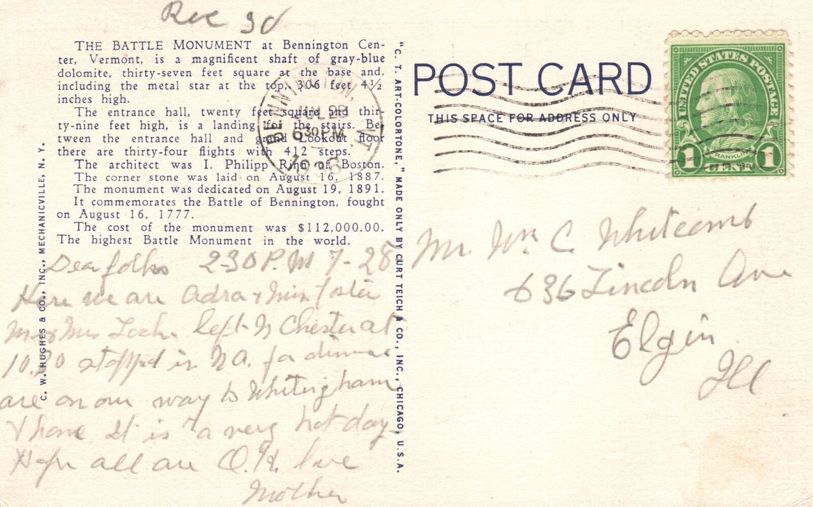 Vintage Postcard 1936 Battle Monument Gray-Blue Bennington Center ...