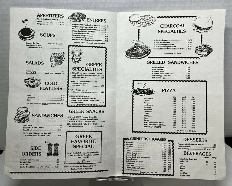 Vintage 80's 1982 Athenian Pizza & Restaurant Menu Princeton NJ ...