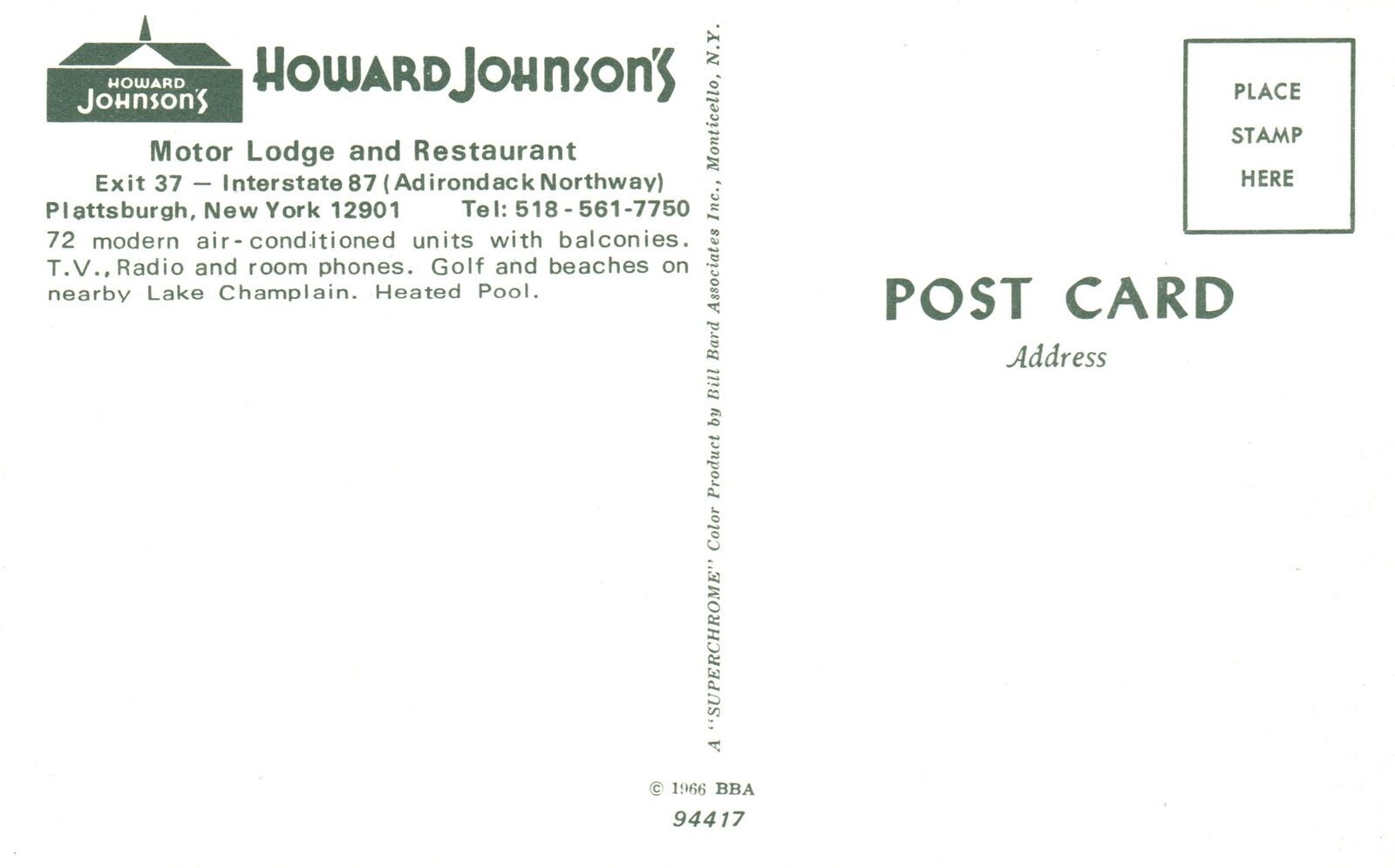 Vintage Postcard Howard Johnsons Motor Lodge & Restaurant Plattsburg ...