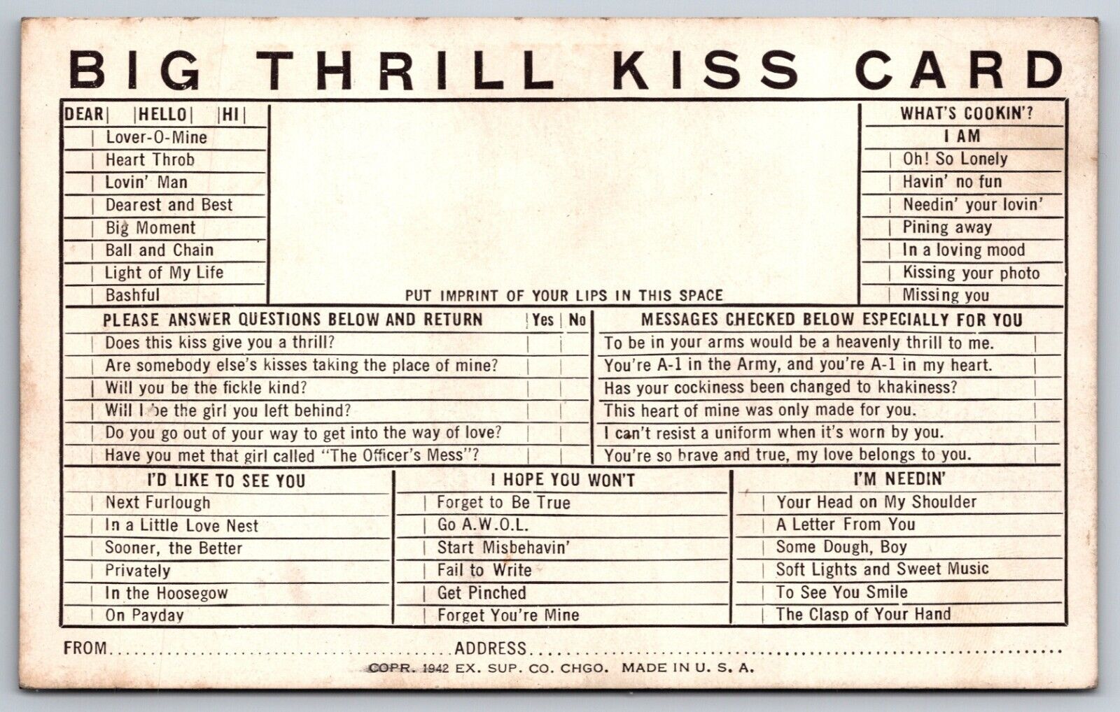 1940s Comic Arcade Card Ex Sup Co Big Thrill Kiss Card Chicago K5 ...