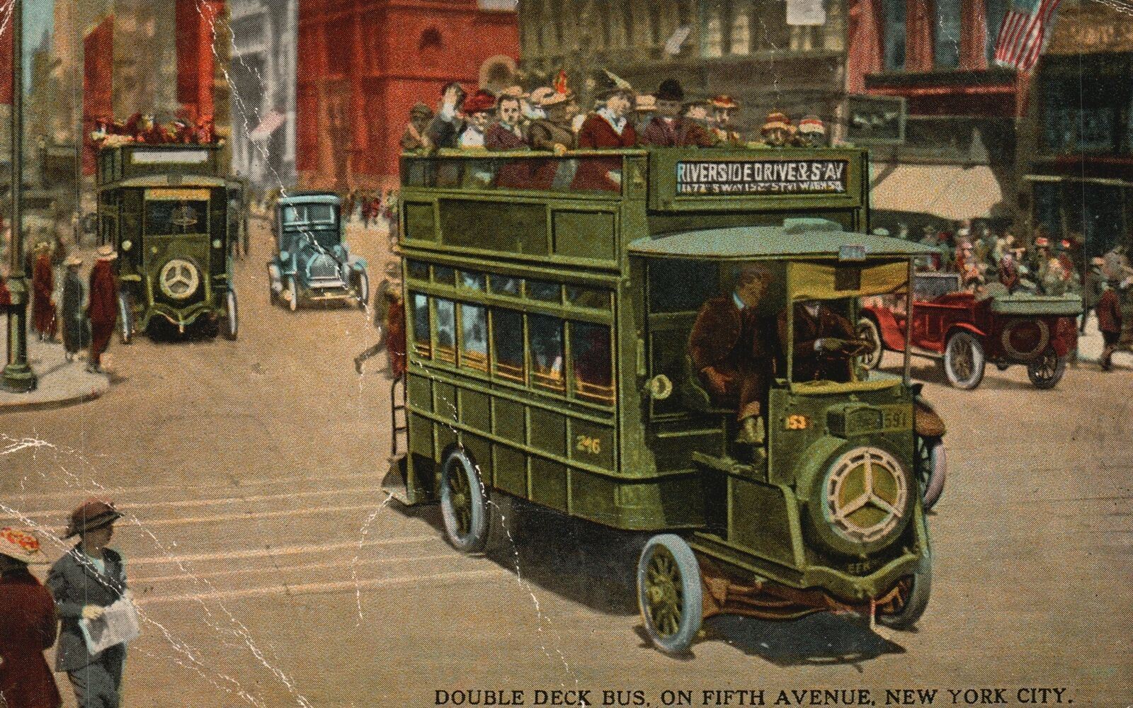 Vintage Postcard 1925 View of Double Deck Bus on Fifth Avenue New York ...