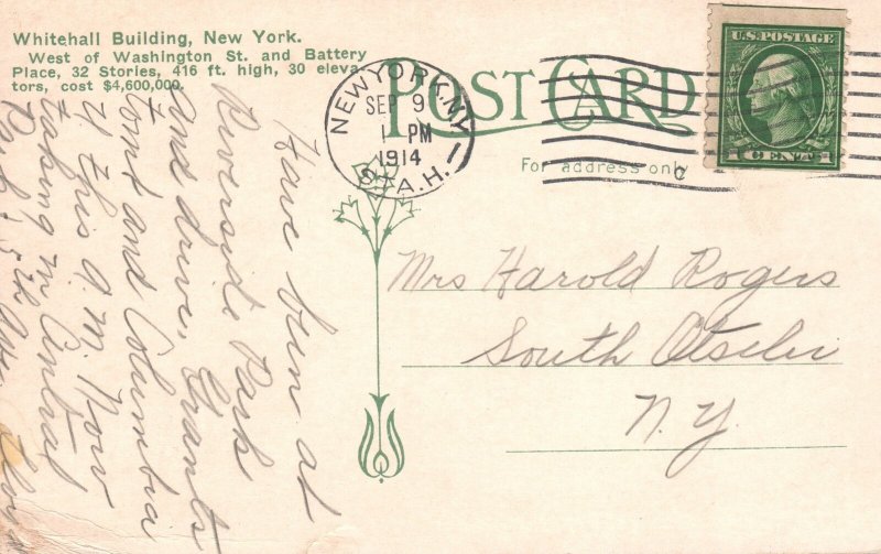 Vintage Postcard 1914 Whitehall Building Washington Street & Battery ...