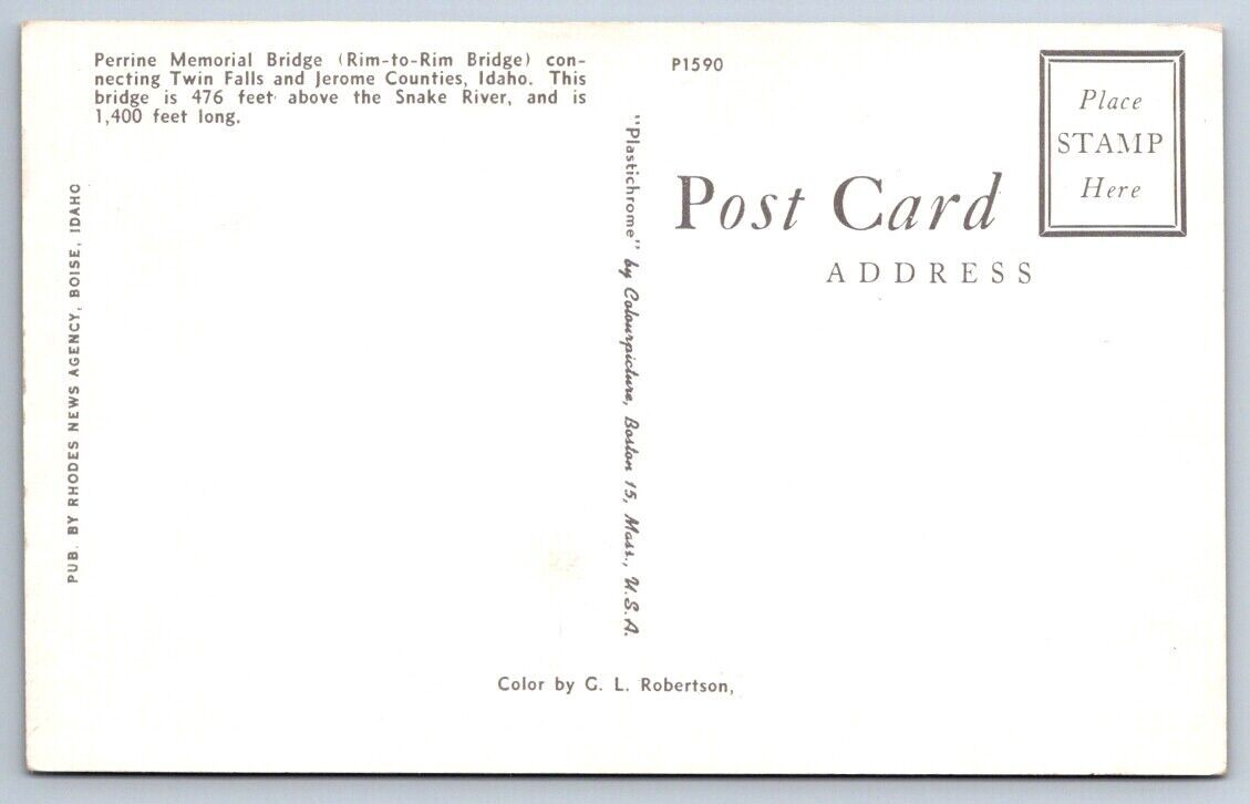 Perrine Memorial Rim To Rim Bridge, Snake River, Idaho, Vintage Chrome ...