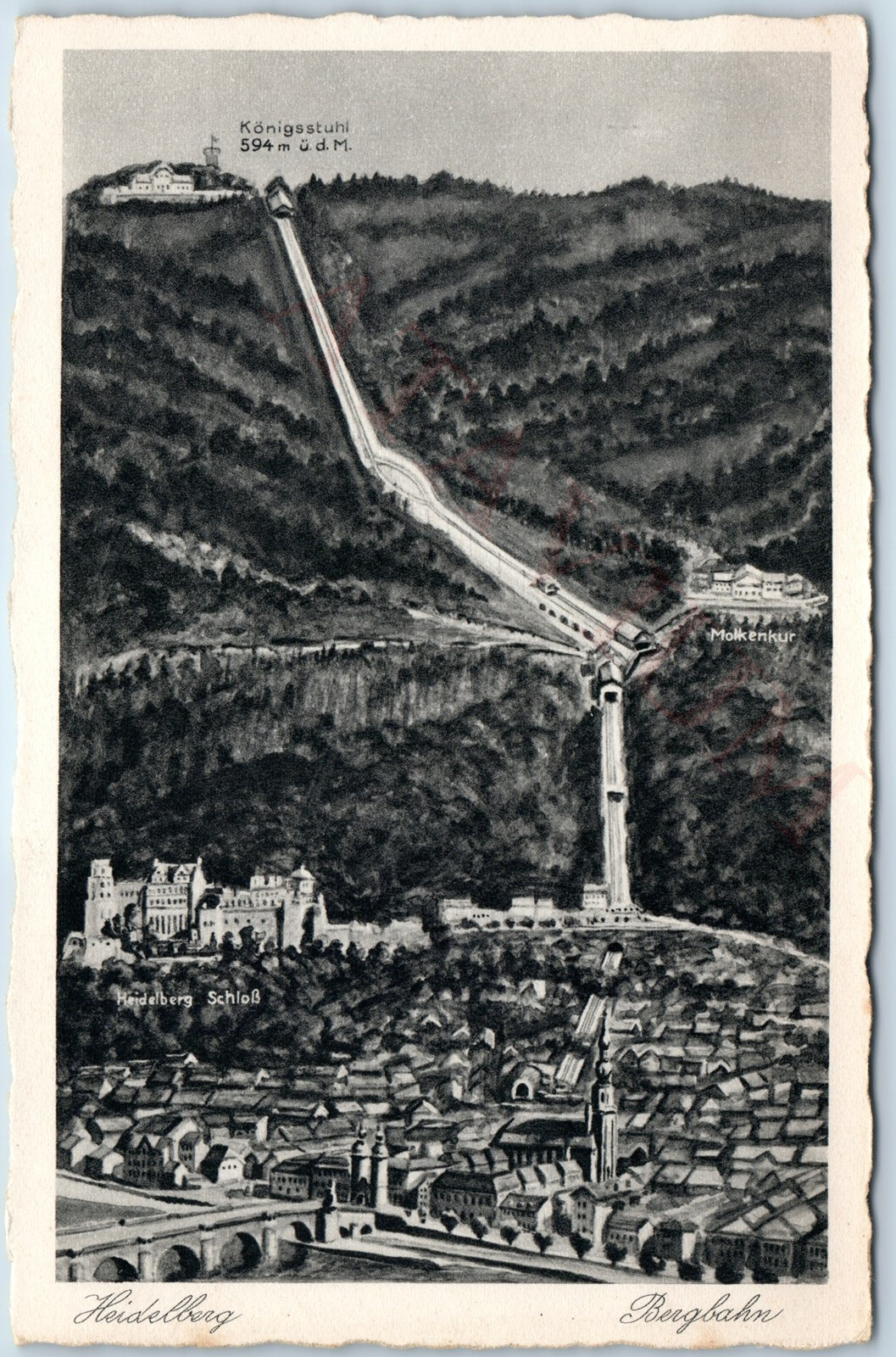 c1940s Heidelberg, Germany Bergbahn Birds Eye Train Map Path Karl G ...