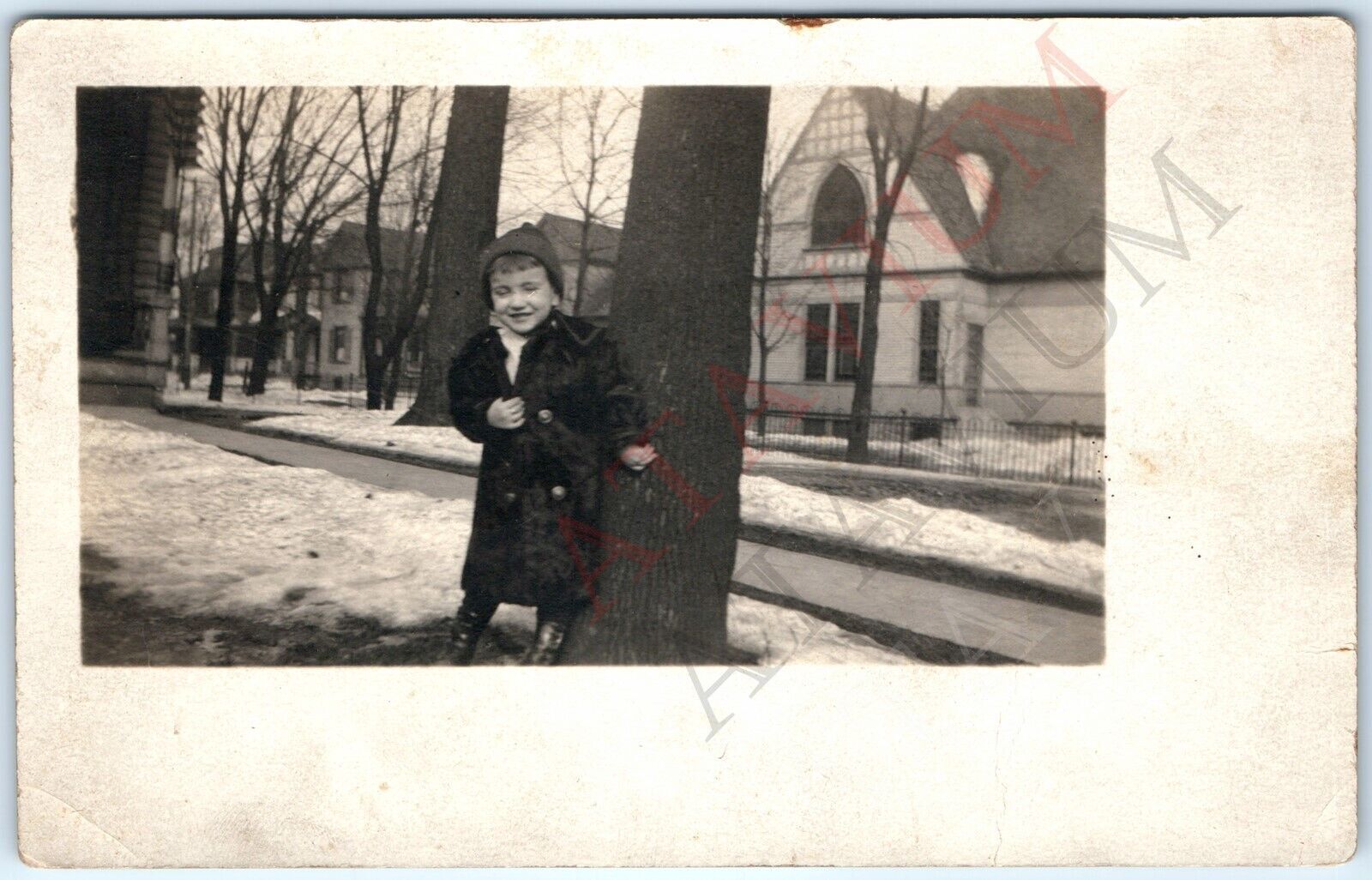c1910s Winter Young Man Laugh Outdoors RPPC Young Boy Fur Coat Drip ...