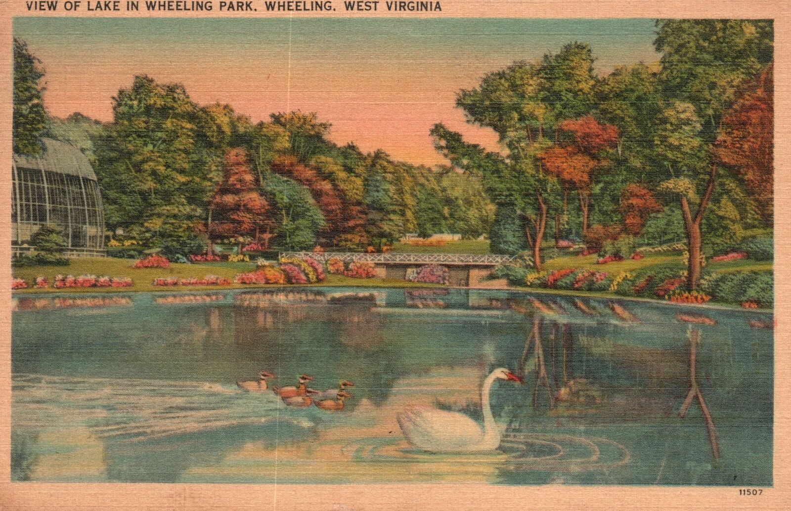 Vintage Postcard View of Lake in Wheeling Park Swan Lake Wheeling West ...