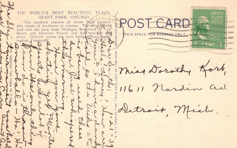 Vintage Postcard 1939 World's Most Beautiful Plaza Grant Park Chicago ...