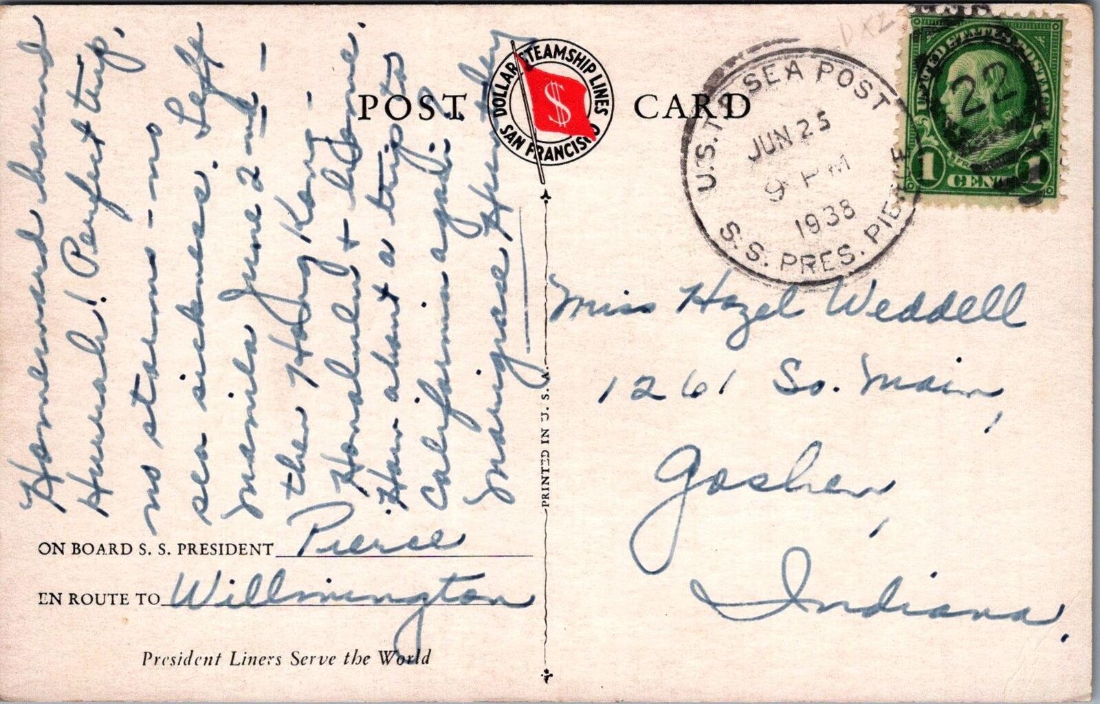 Postcard World Map Dollar Steamship Lines Ship On Board SS President ...