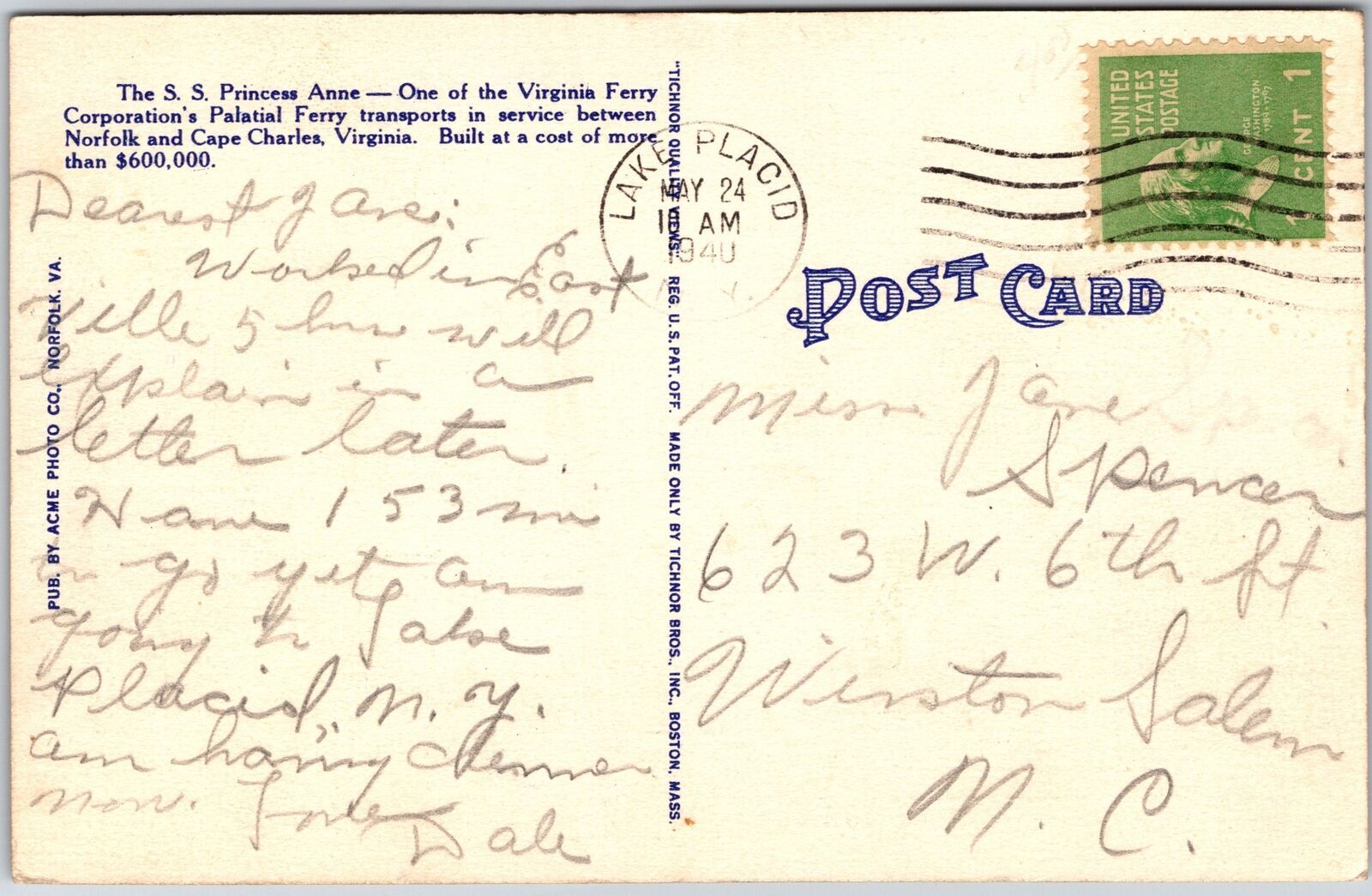 1940's S.S. Anne Ferry Boat Between Cape Charles and Norfolk Virginia ...