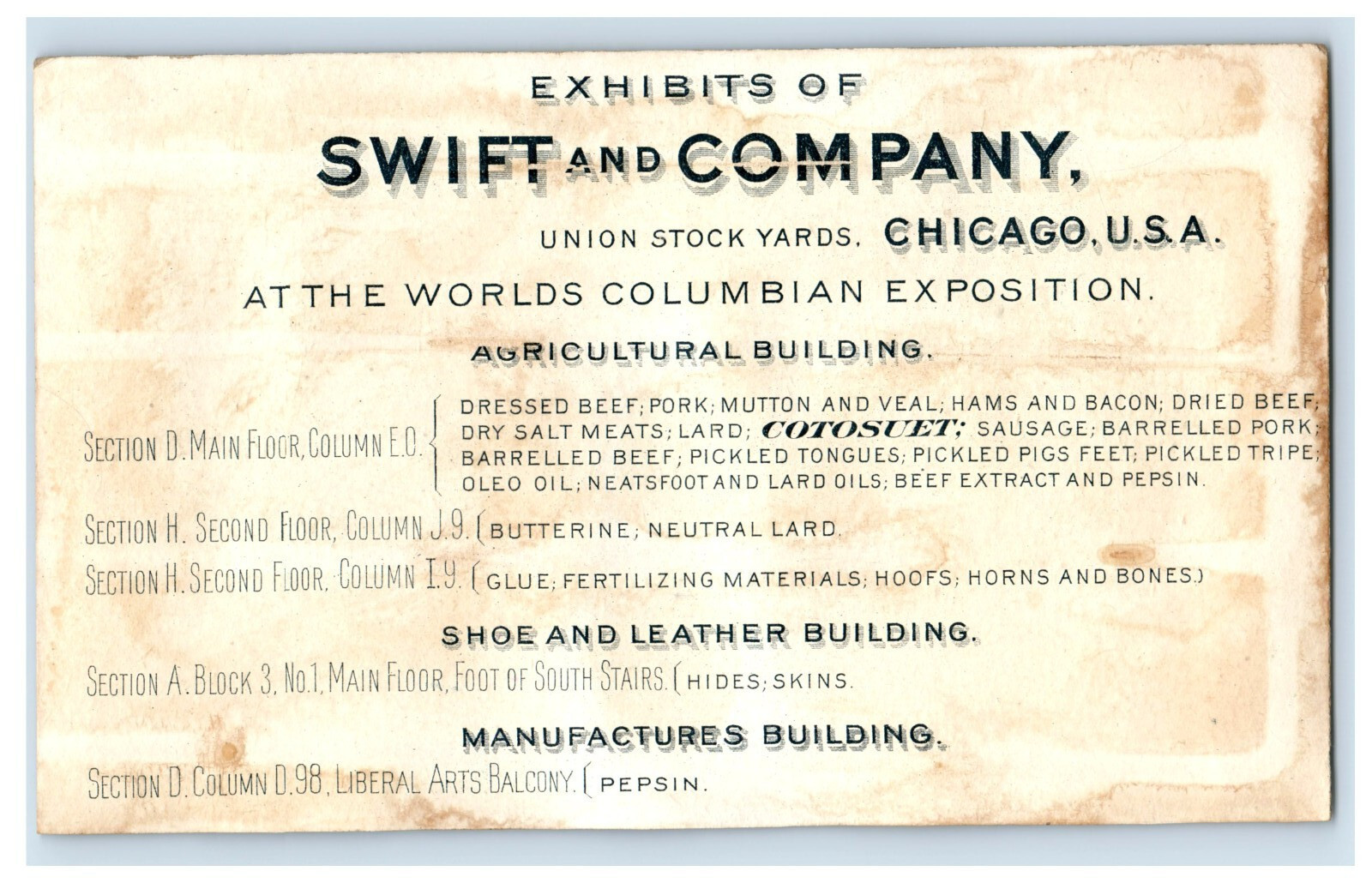 1893 Swift Refrigerator Line Fresh Meat Express World's Fair Trade Card ...