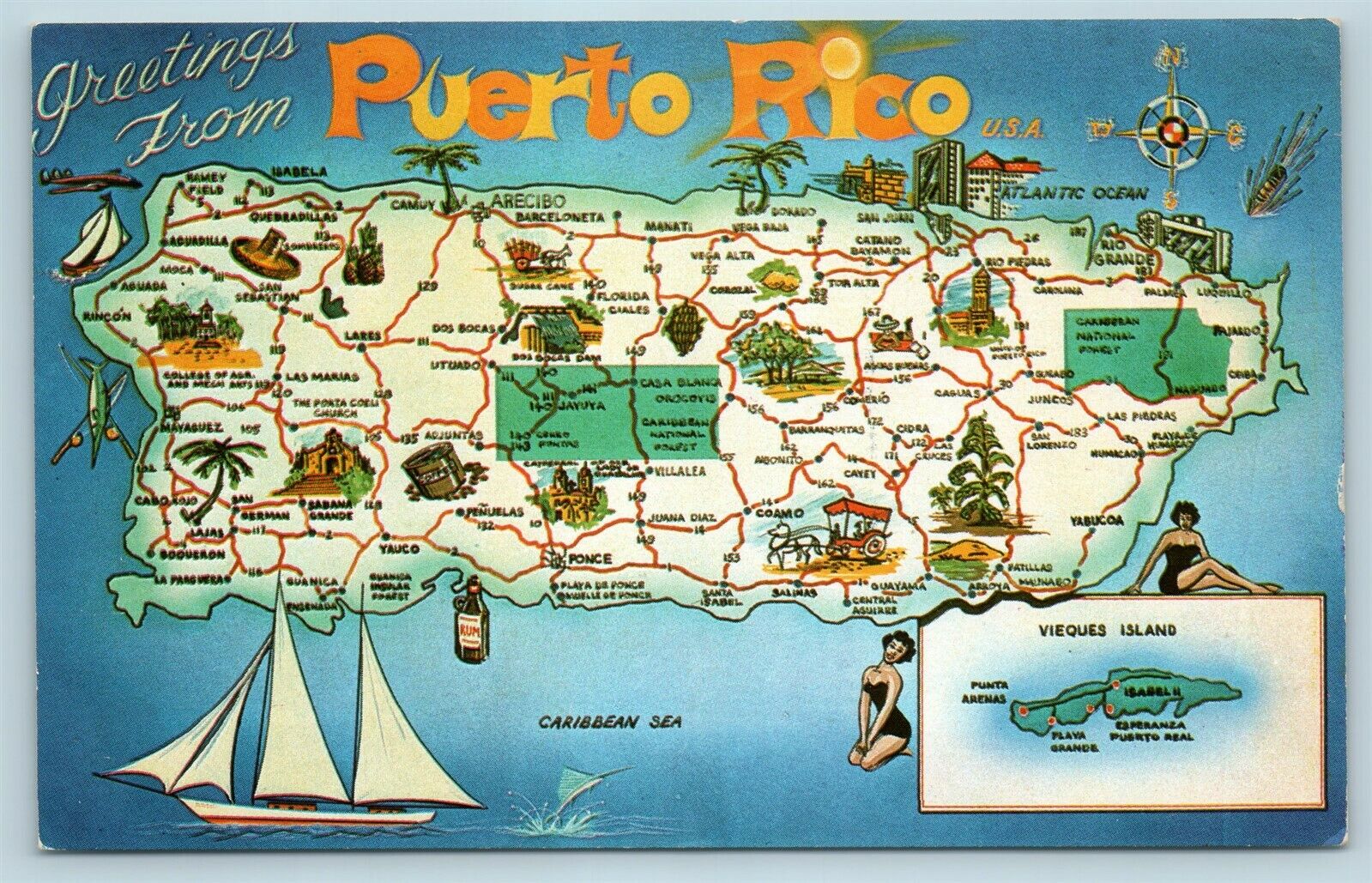 Postcard Puerto Rico Map of Island Greetings Town Names Roads c1950s X3 ...