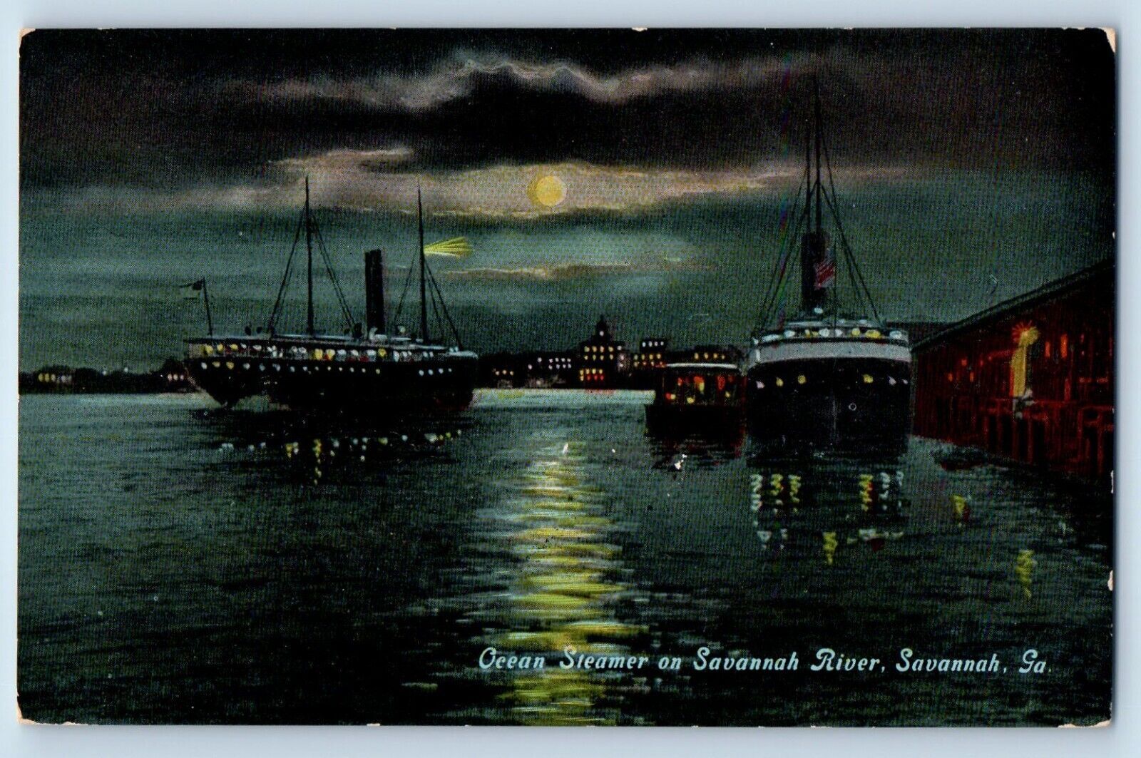 1910 Savannah Georgia Vintage Postcard Ocean Steamer River Night Moon ...