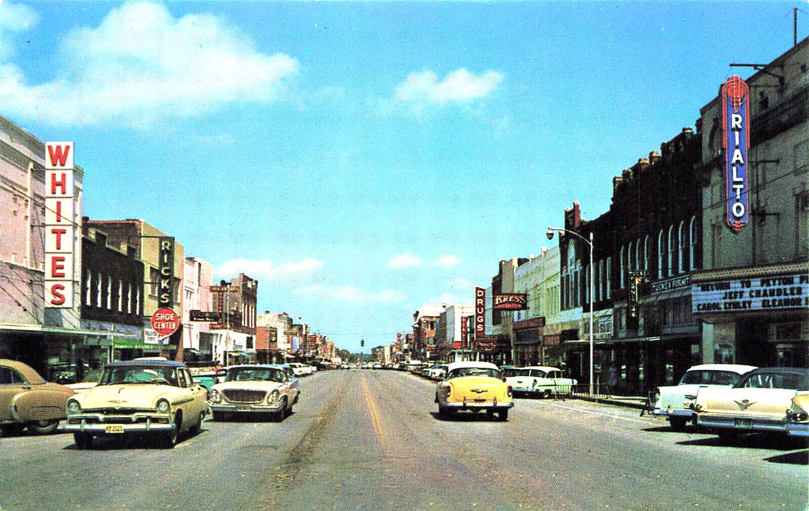 Denison TX Main street Movie Marquee Store Fronts Old Cars Postcard ...