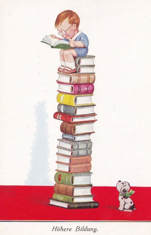 Pile Of Old Books Boy Librarian & Dog German Comic Postcard | Topics ...