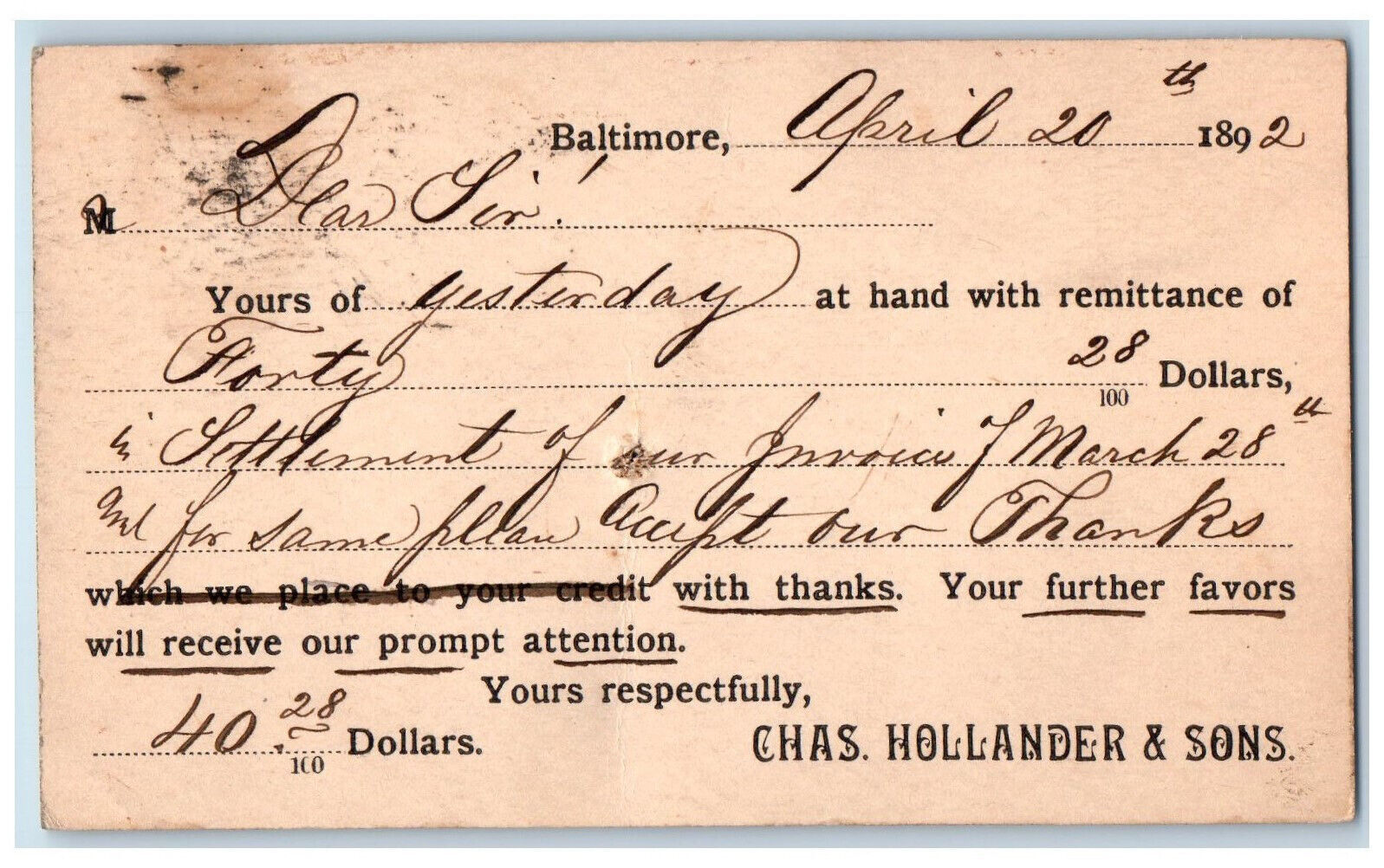 1892 Chas Hollander & Sons Baltimore MD AJ Griest Fleming PA Postal ...