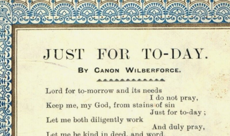 1880s Victorian Religious Card "Just For Today" Poem By Canon ...