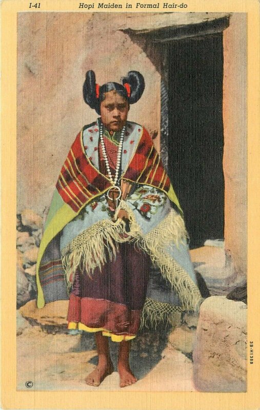Linen Postcard Hopi Indian Girl in Traditional Squash Blossom Whorl ...