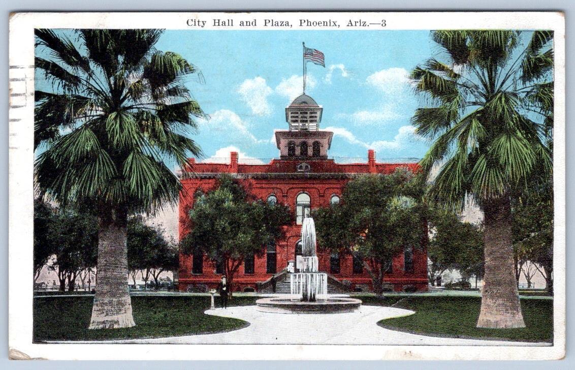 1922 Phoenix Arizona City Hall and Plaza Palm Trees Fountain American ...