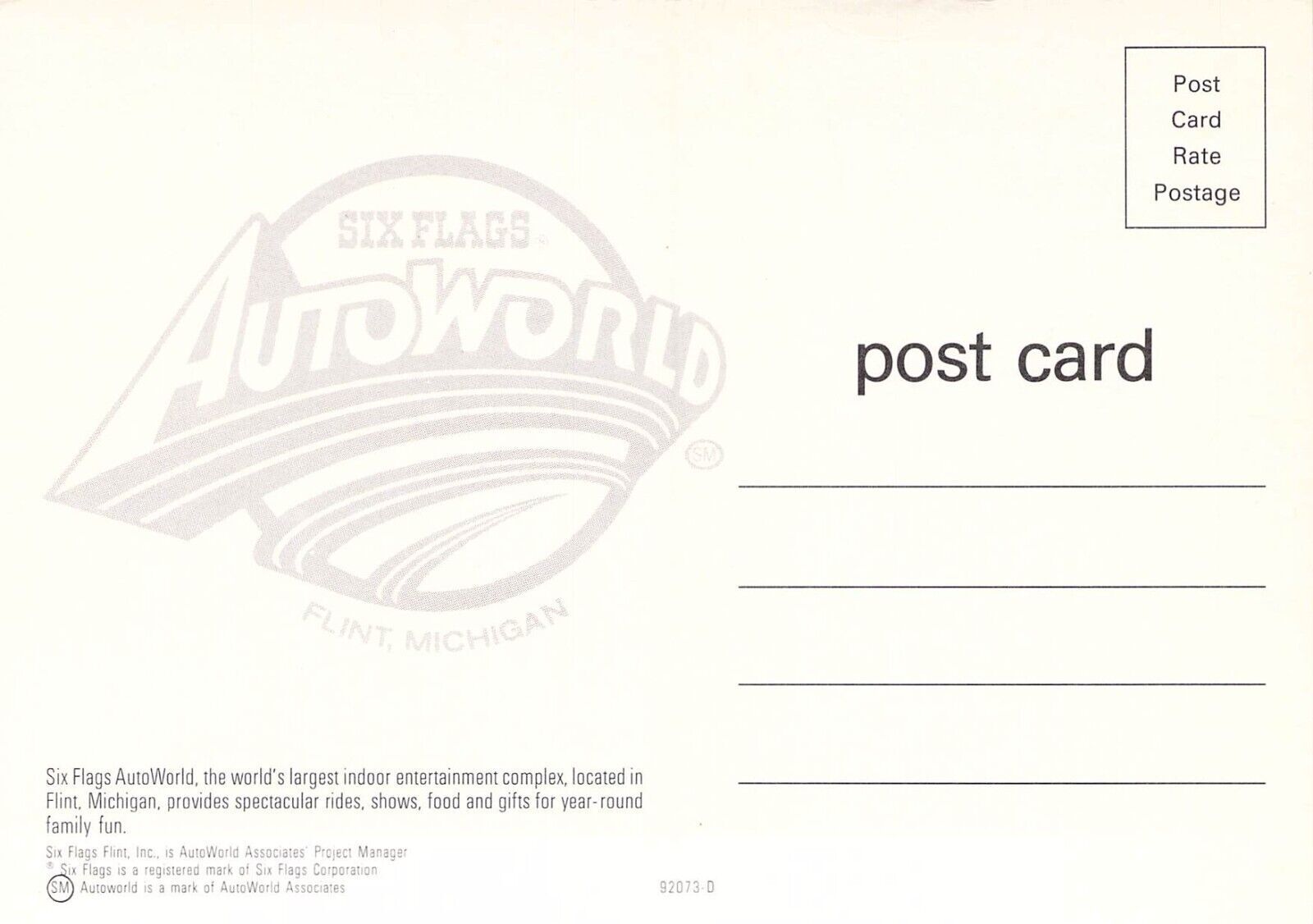 1980 Six Flags Autoworld Flint MI RARE Amusement Park Postcard 4x6 NC1 ...
