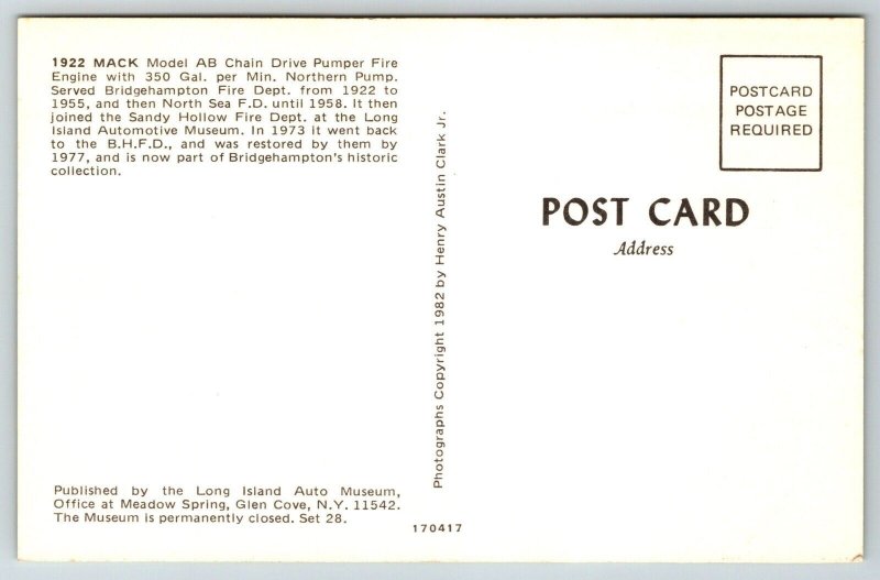 Fire Truck Engine - Fireman Postcard - Long Island - New York - 1922 ...