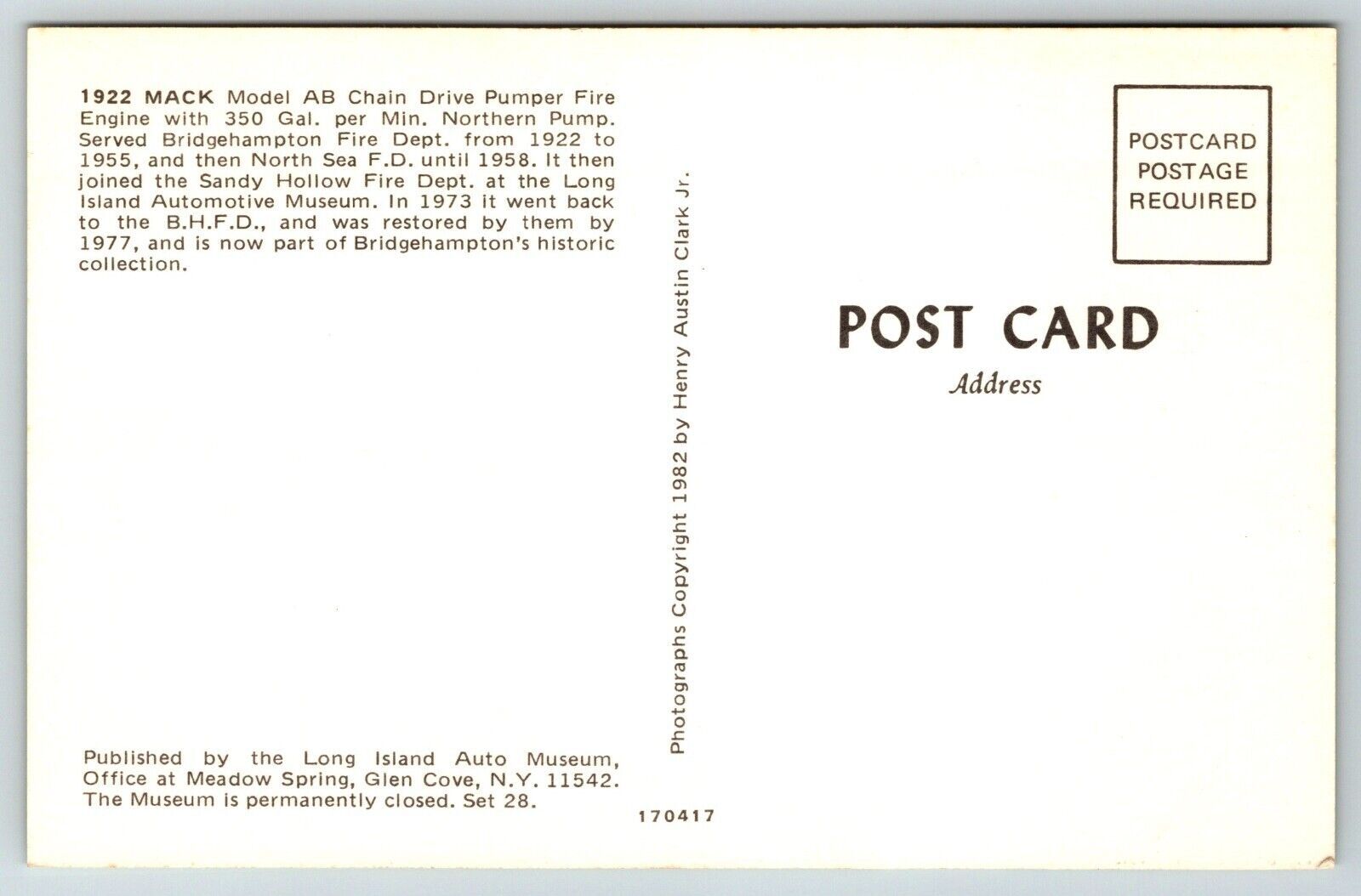 Fire Truck Engine - Fireman Postcard - Long Island - New York - 1922 ...