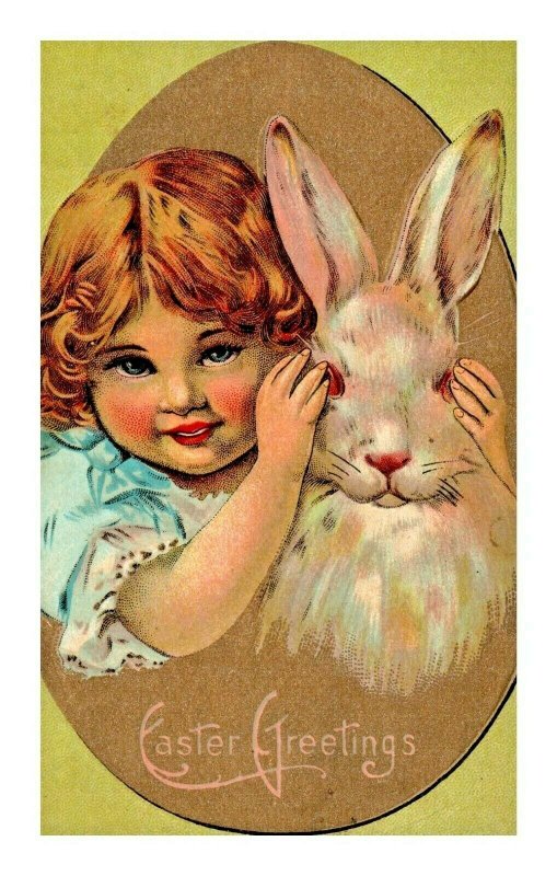 Cherub Adorable Girl Covering Eyes Of Huge Easter Rabbit Metalic Gold ...