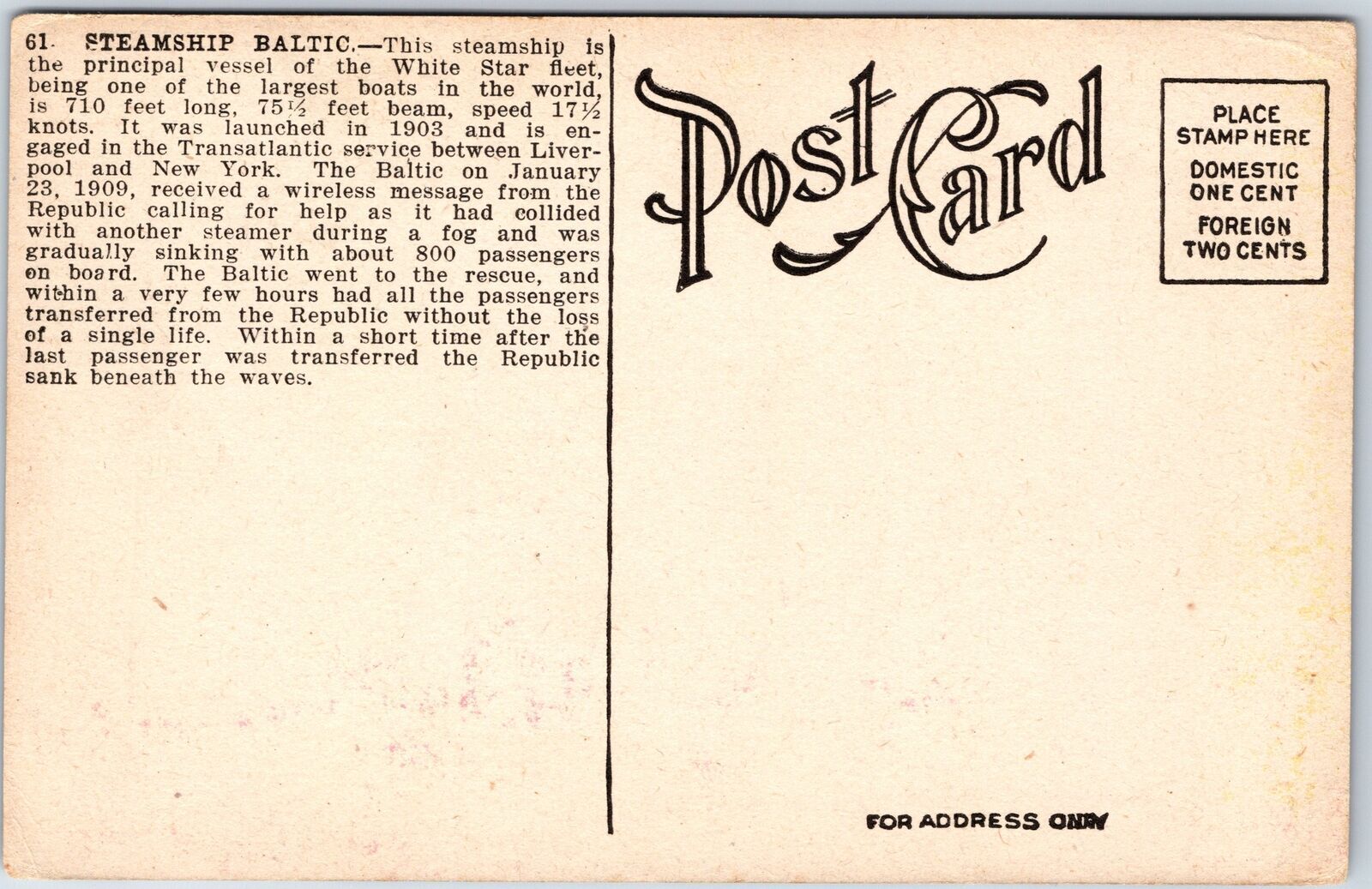 Vintage Postcard the Steamship S.S. Baltic Vessel of the White Star ...