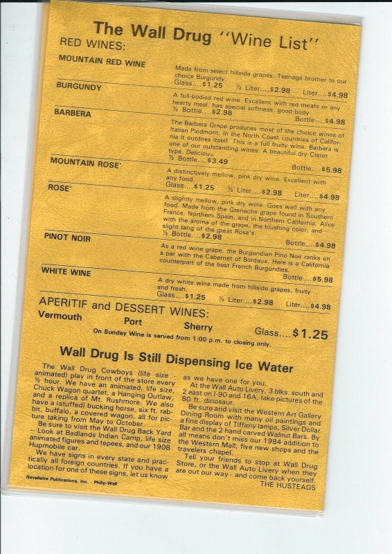 MC-166 - 1980's Wall Drug Menu, Laminated Vintage Wall, South Dakota ...