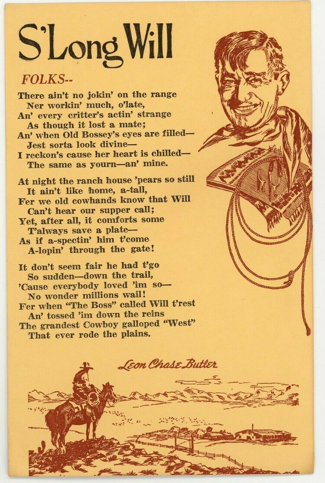WIll Rogers Song Poem Postcard commemorative Vintage Cowboy Leon Chase ...