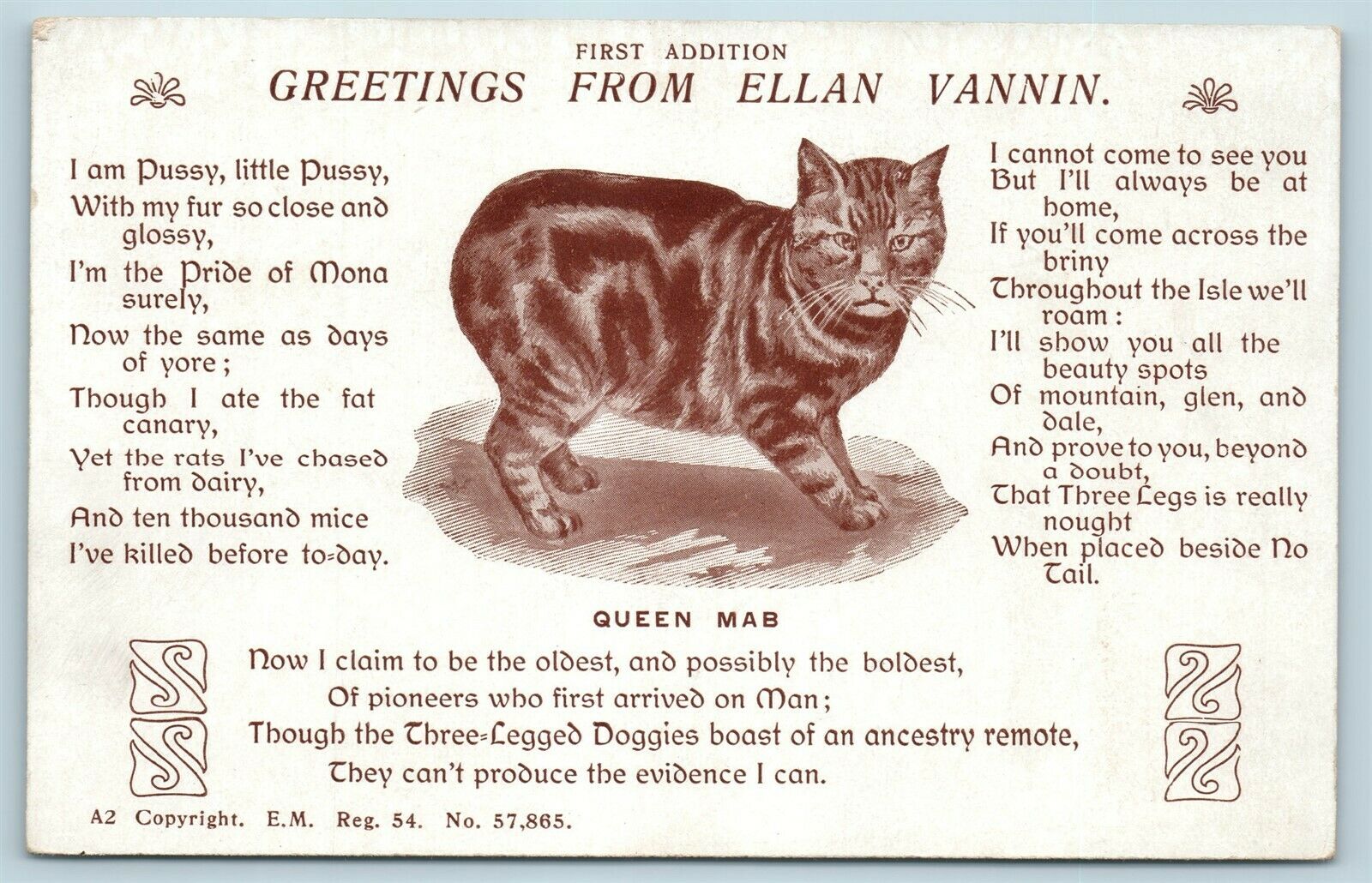Postcard Manx Cat Queen Mab Greetings From Ellan Vannin Cat Poem AA10 ...