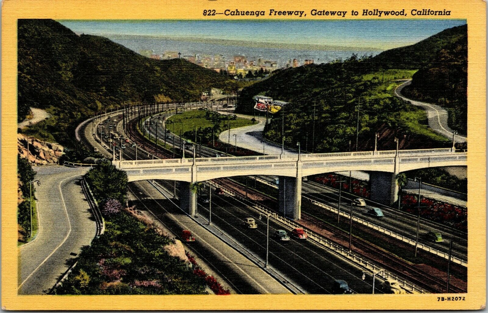 Vtg California CA Cahuenga Pass Overpass Hollywood Freeway 1940s Linen ...