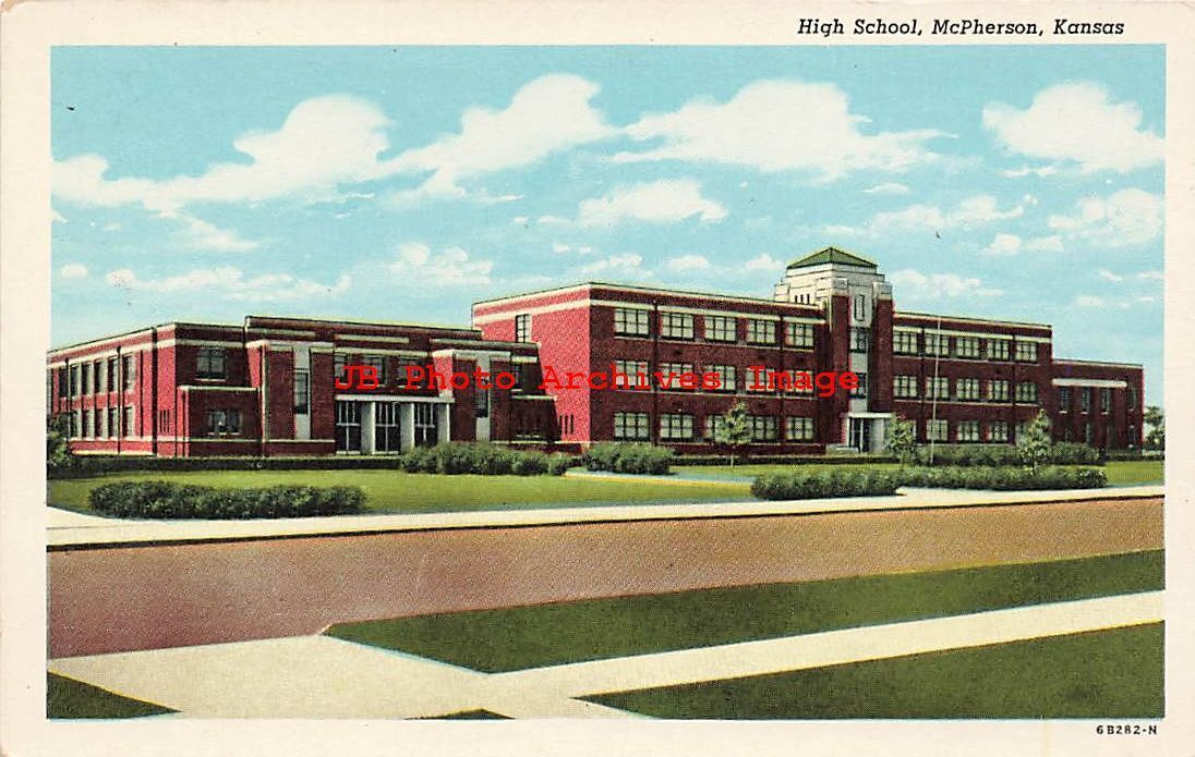 KS, McPherson, Kansas, High School Building, Exterior, Curteich No ...