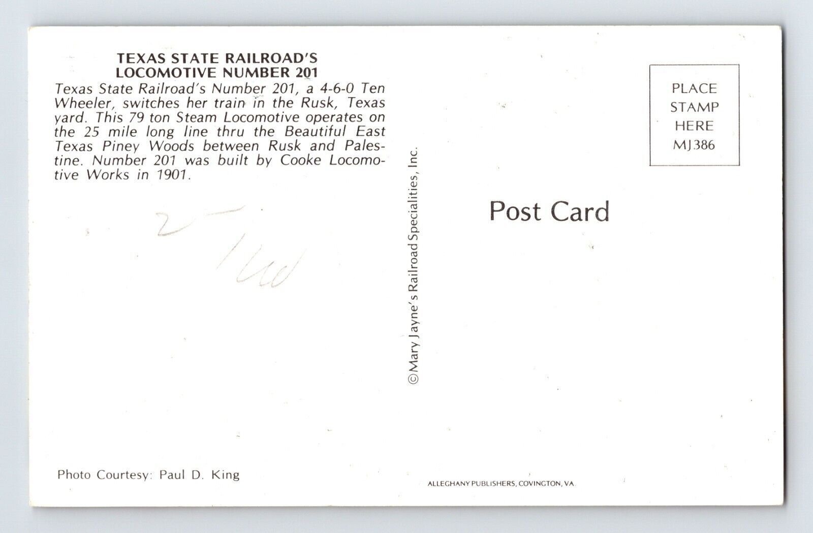 Postcard Railroad Train Texas State Steam Engine 4-6-0 10-Wheel Rusk TX ...