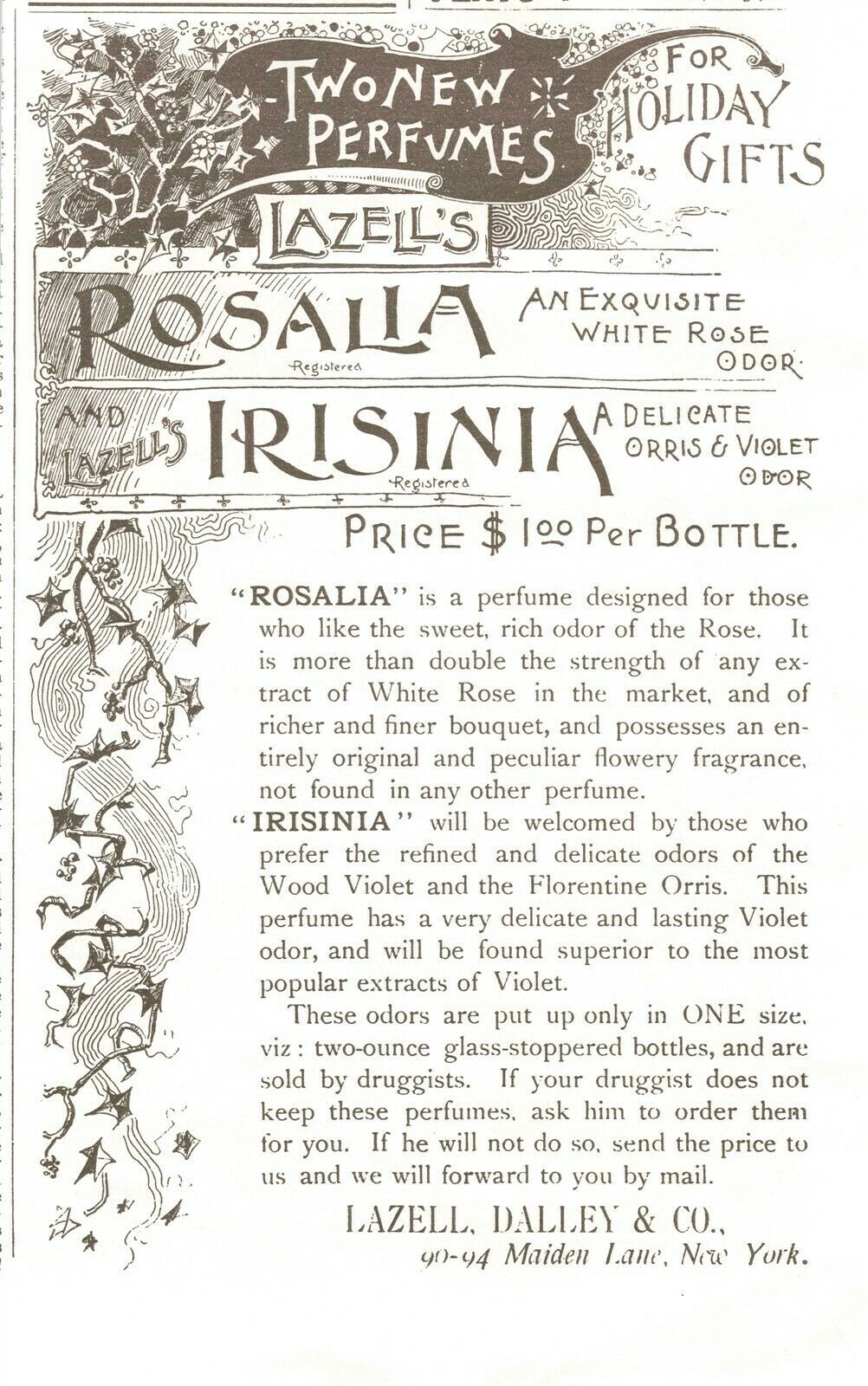 1899 Rosalia & Irisinia Perfumes New York Victorian Original Print Ad ...