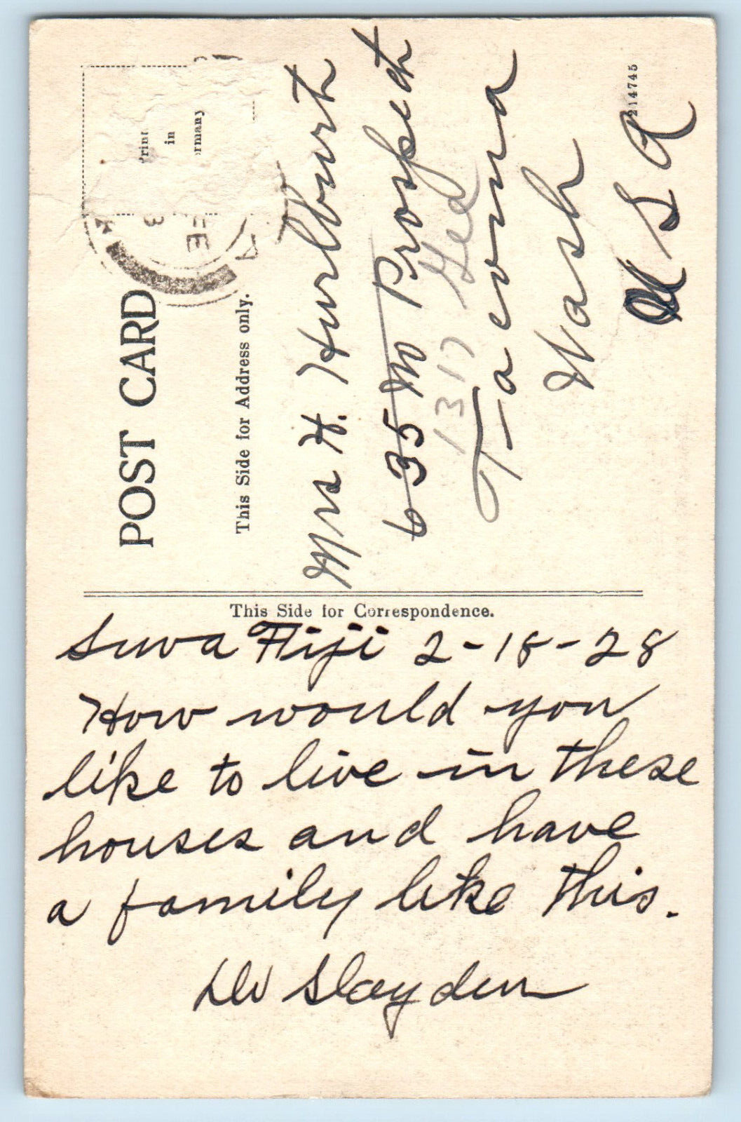 Suva Fiji Postcard Residence Tamavua Native Village 1928 Posted Vintage ...