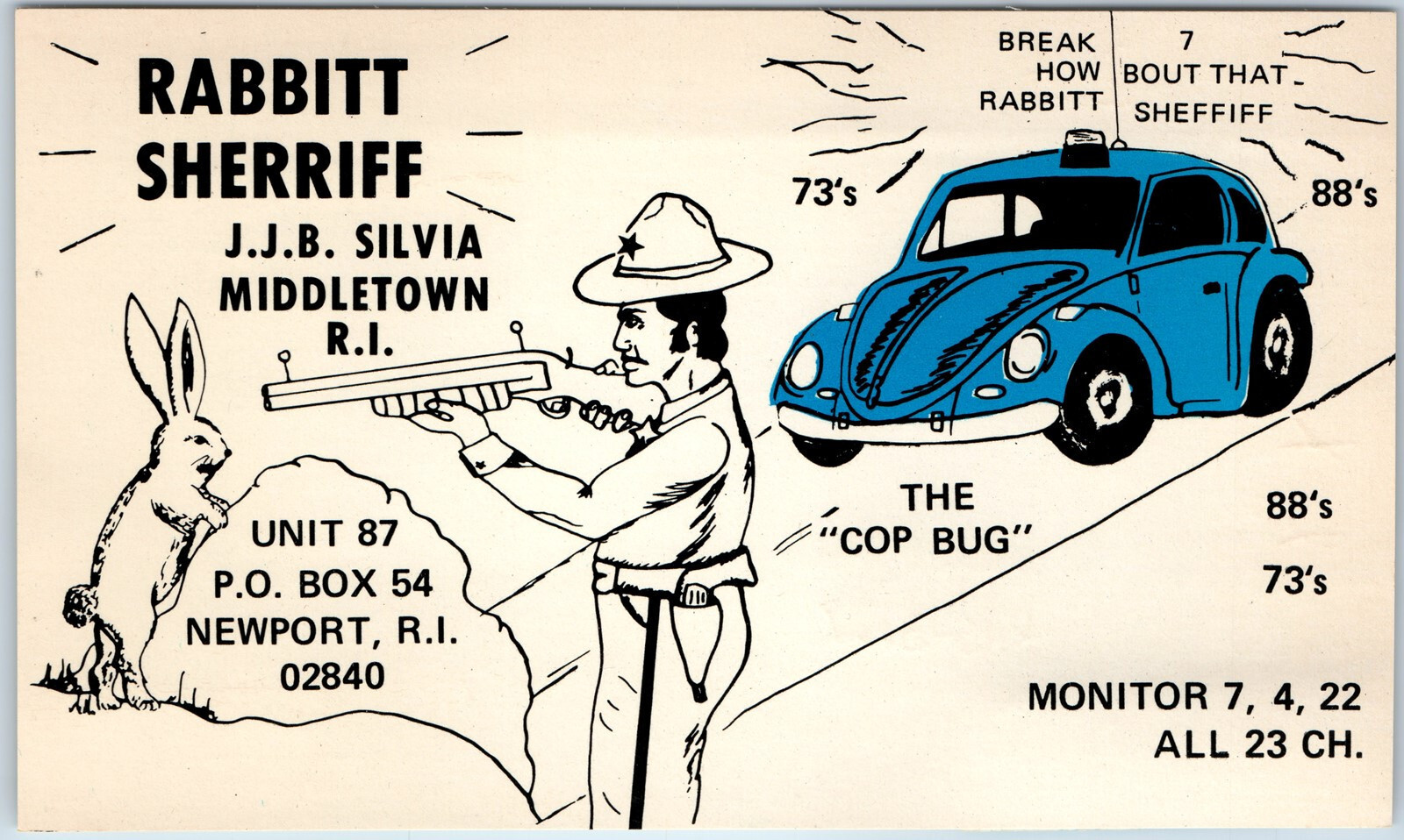 c1970s Middletown, RI Sheriff Rabbit VW Bug Art QSL Radio Card Silvia ...