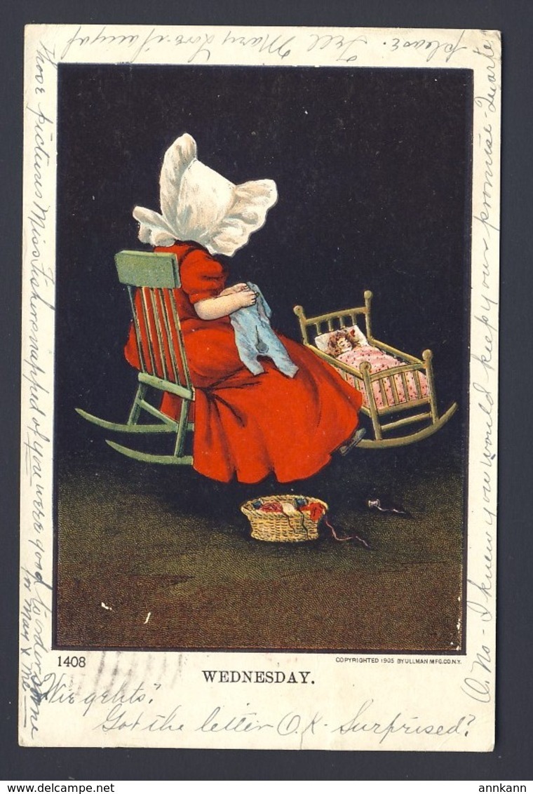SUNBONNET GIRL - Days of the week - Wednesday - mending clothes rocking ...