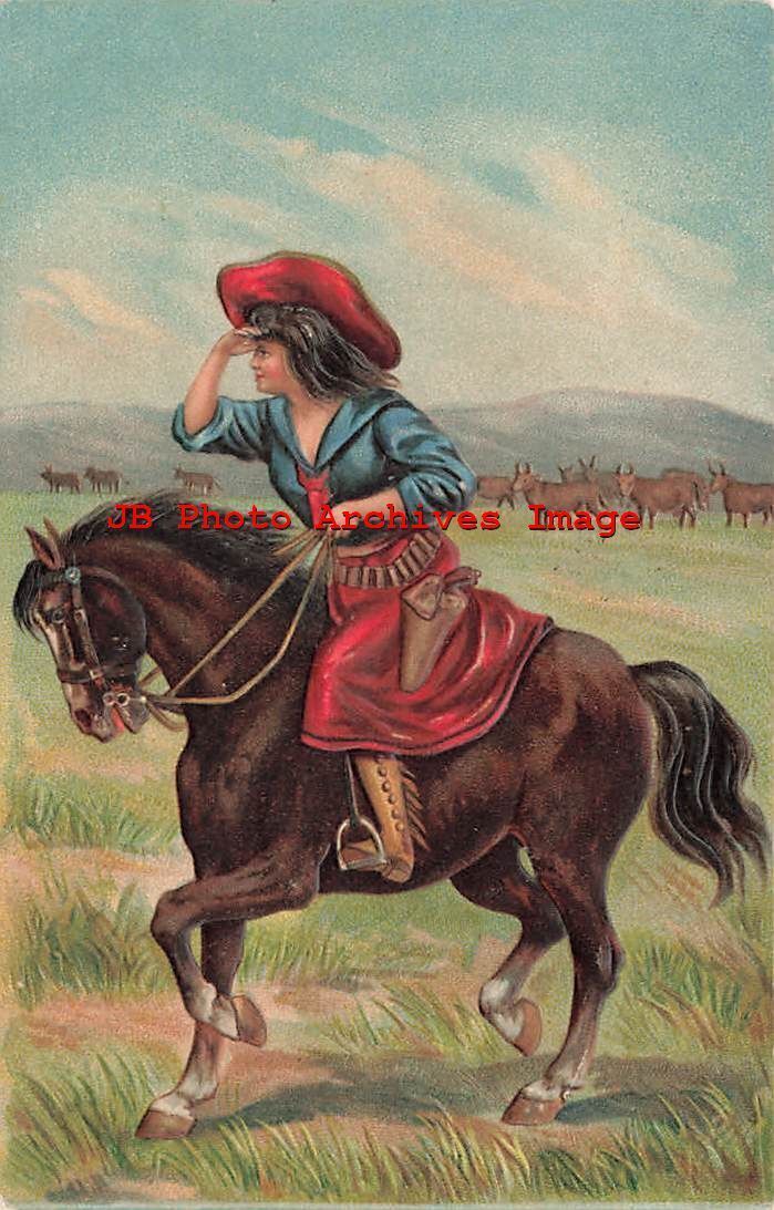 Western, Cowgirl on a Horse on the Lookout, 1908 PM | Other / Unsorted ...