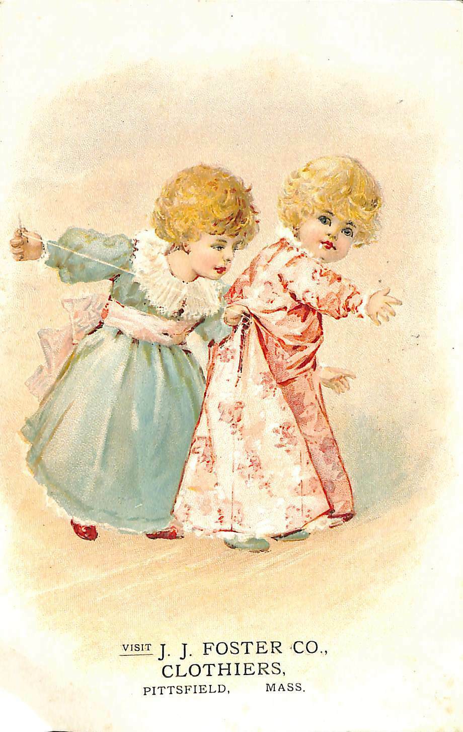 J J Foster Clothiers Hatters Pittsfield Mass Cute Girls Pulling Thread ...