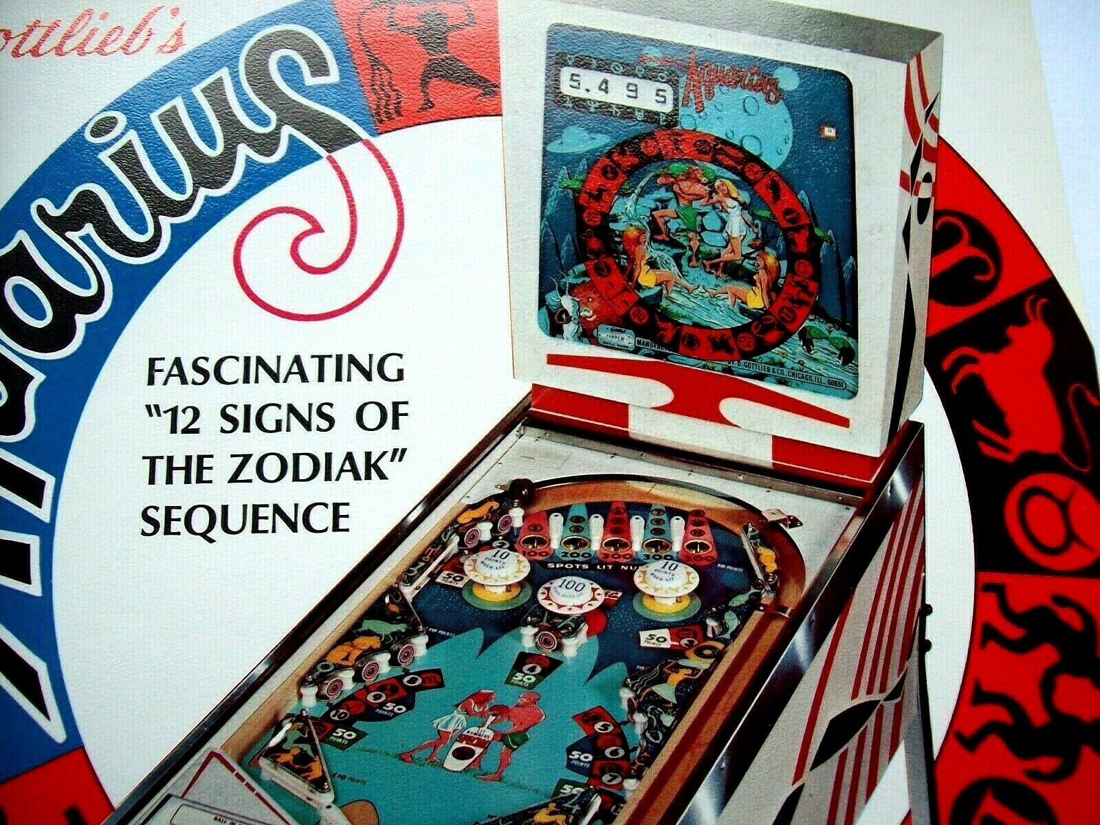 Aquarius Pinball Flyer Original NOS 1970 Art Zodiac Horoscope 8.5 x 11 ...