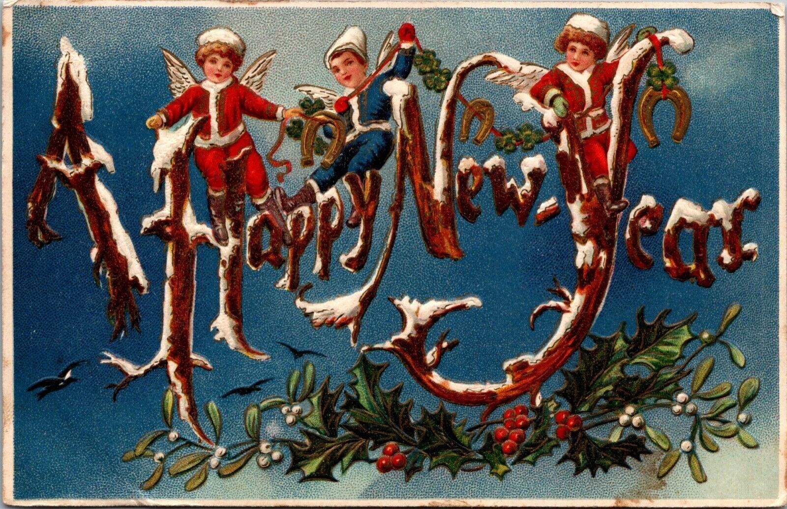 New Year Postcard Cherubs Flying with Chain of Four Leaf Clovers and ...