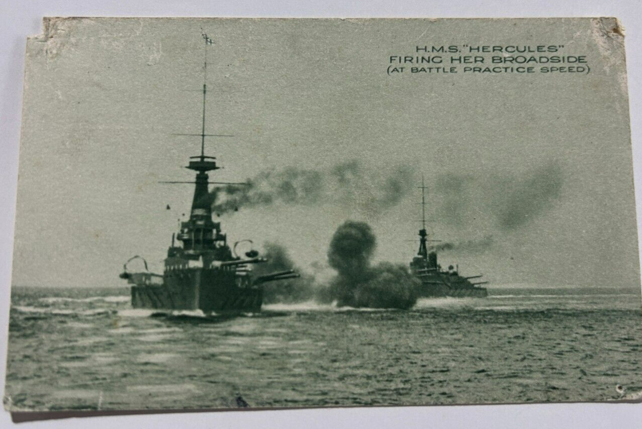 British Royal Navy HMS Hercules Firing Broadside Guns RPPC c.1910s WWI ...