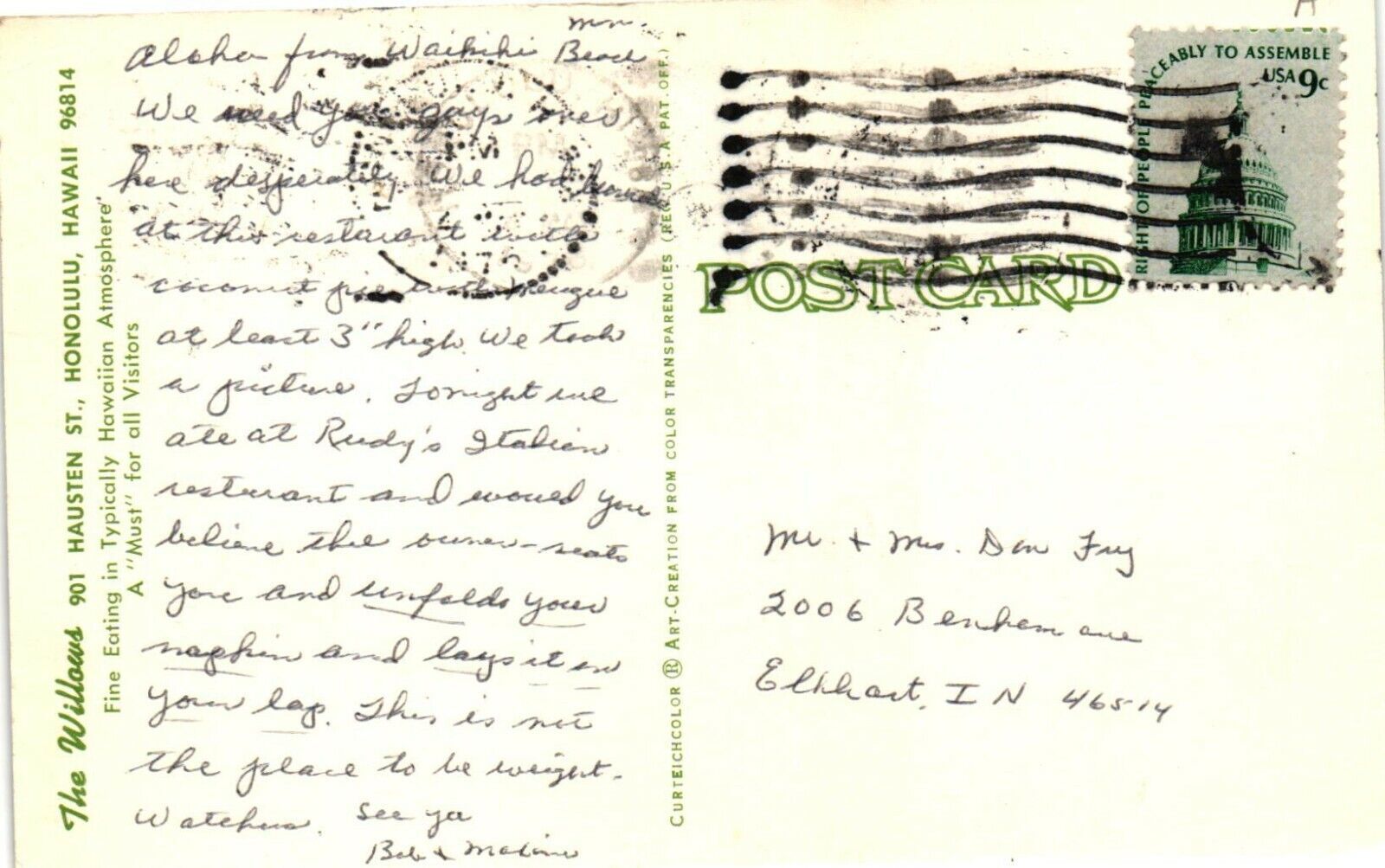 Vintage Postcard- The Willows, Honolulu, Hawaii. Cancellation 1972 ...