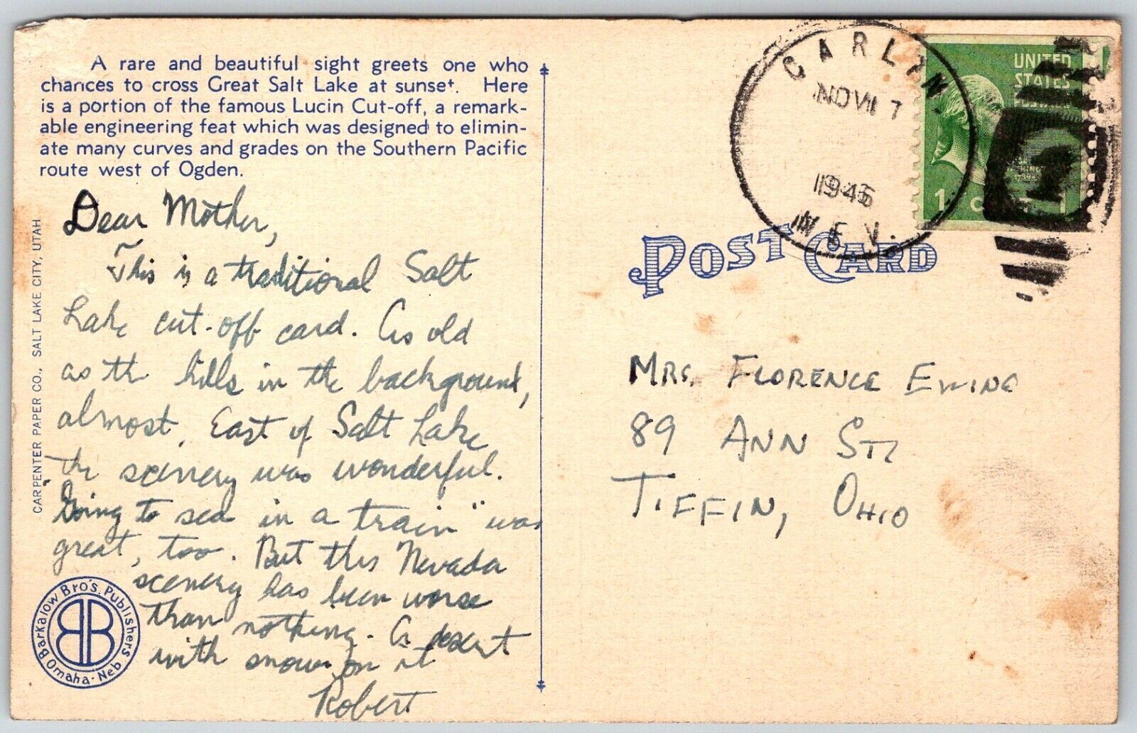 Great Salt Lake Utah 1945 Postcard Overland Limited Train Crossing ...