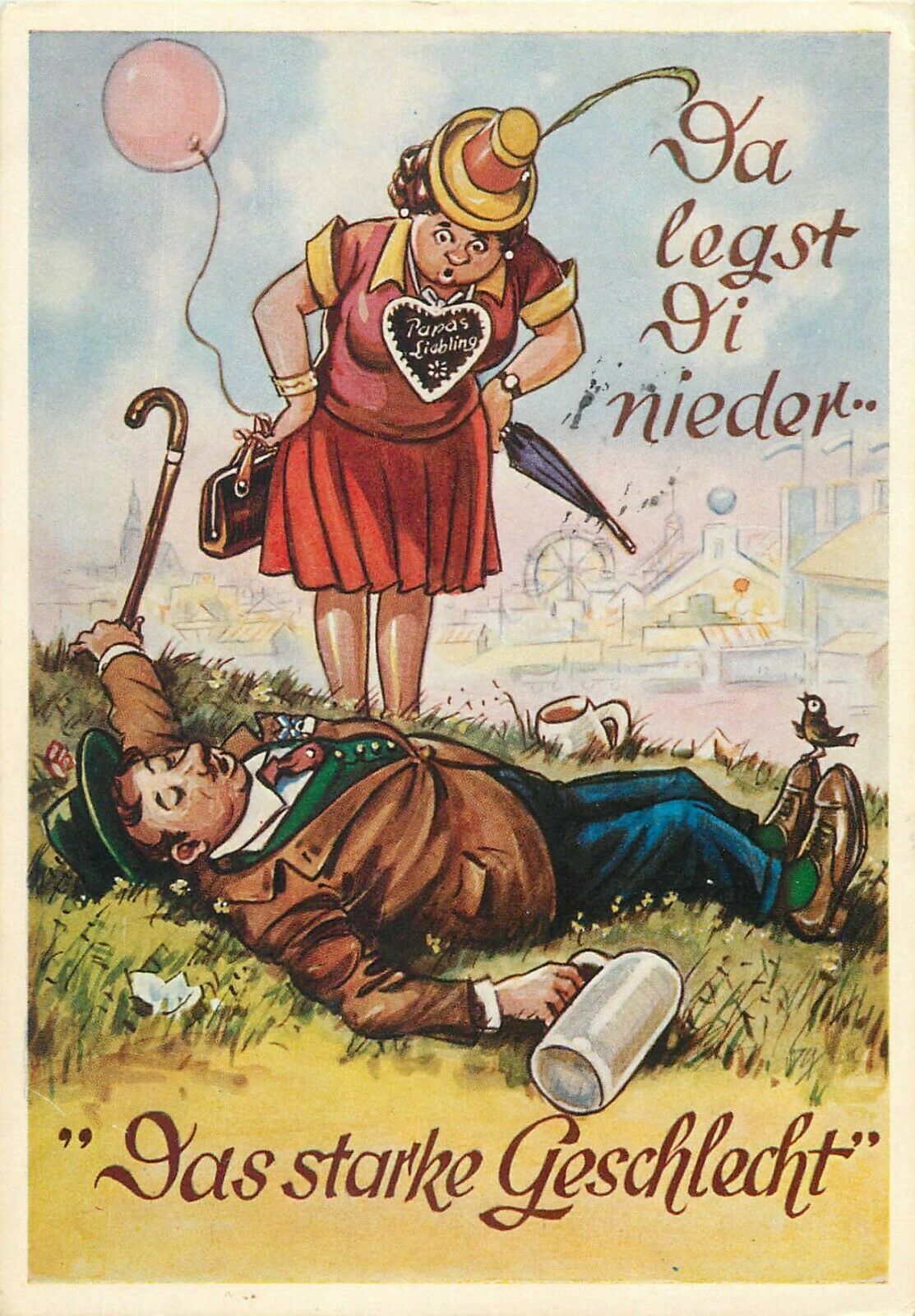 german humour comic caricature alcohol drunk husband postcard Germany ...
