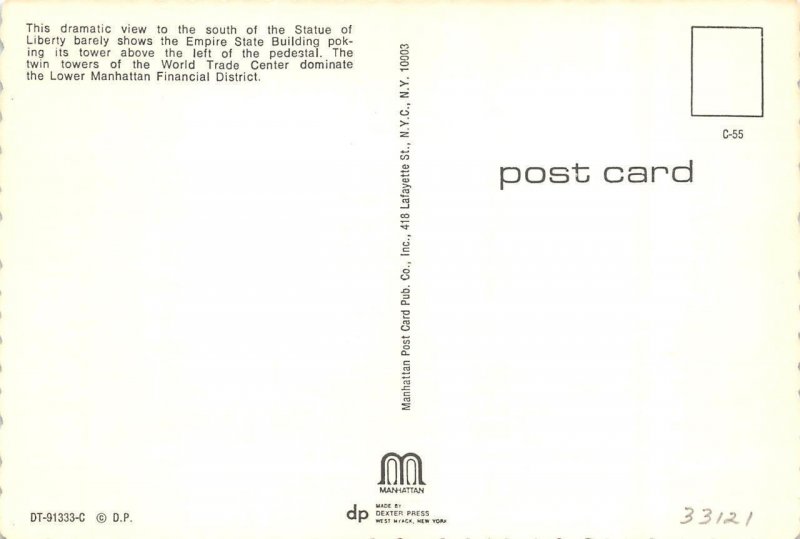 2~4X6 Postcards NY New York City STATUE OF LIBERTY~Liberty Island FRONT ...