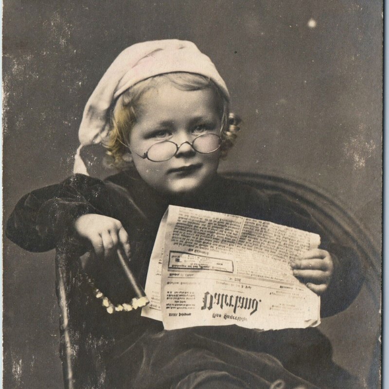 c1910s Germany Handsome Little Boy Reading & Smoking Cigar RPPC Real ...