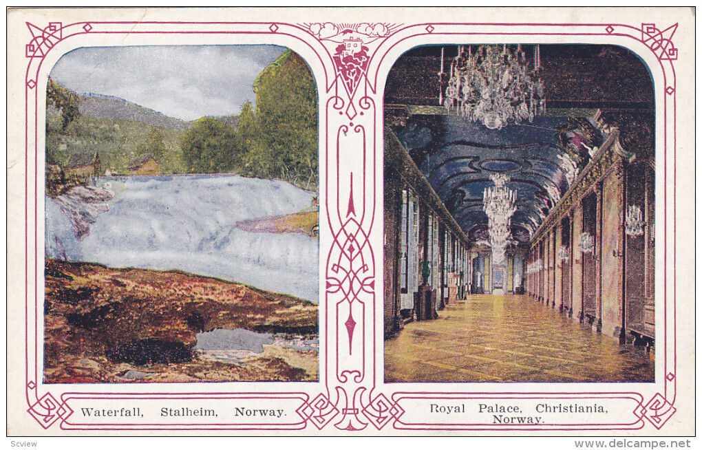 2-Views, NORWAY; Waterfall, Stalheim & Royal Palace, Christiania, 10 ...