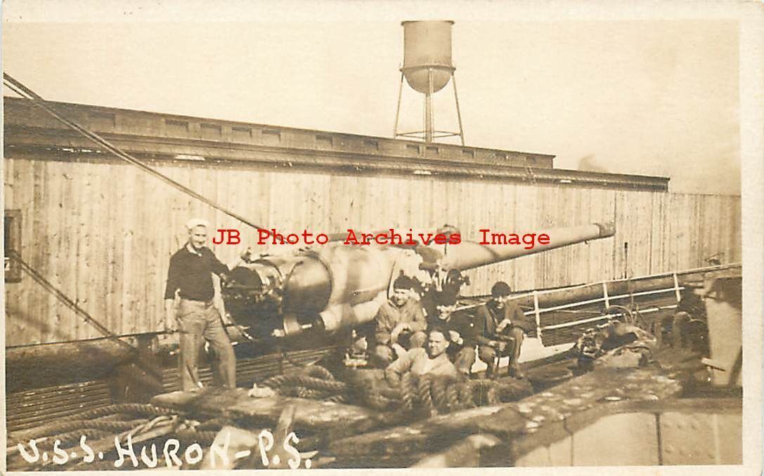 US Navy, RPPC, Armored Cruiser USS Huron, Sailors Posing by Gun, P.S ...