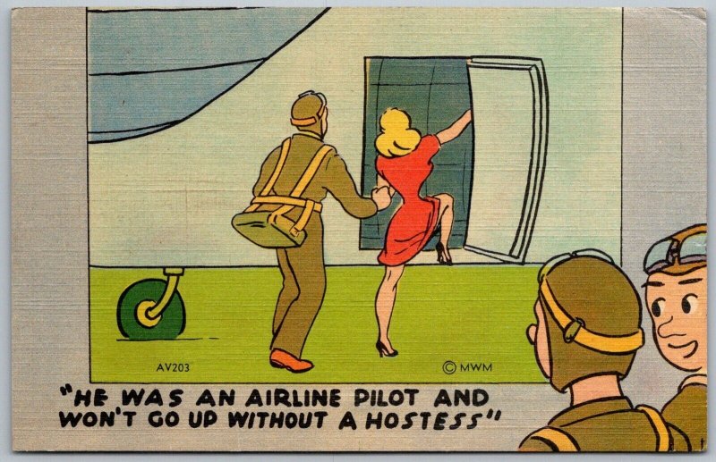 WWII Comic Humor Soldiers 1940s Postcard Airline Pilot Won't Go Without ...